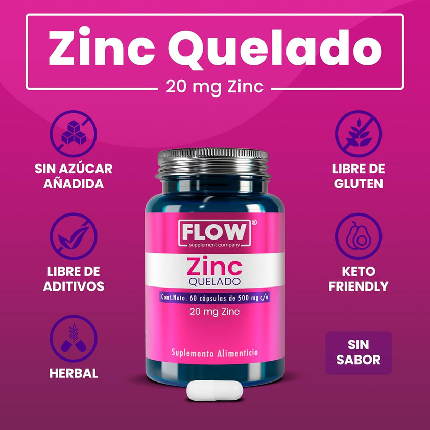 Zinc Quelado 20 mg / 60 cápsulas de 500 mg c/u - Flow Supplement – Flow ...